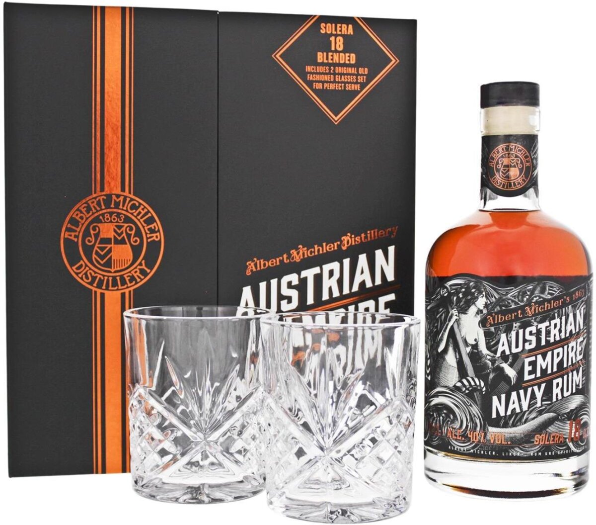 Austrian Empire Navy Rum Solera 18 Jahre 0,7l + 2 Gläser (Old Fashion